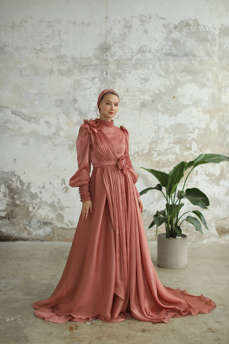 Çiçek Detaylı Manolya Elbise Bakır Rengi Minel Aşk